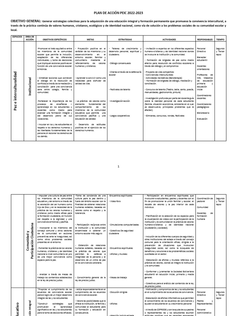 Plan de Accion Peic 2022-2023 | PDF | Enseñando | Aprendizaje