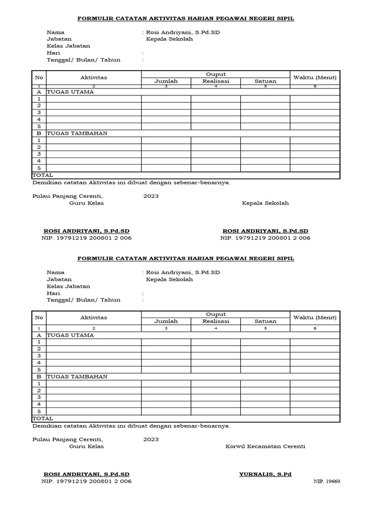 Formulir Catatan Aktivitas PNS 2021 | PDF