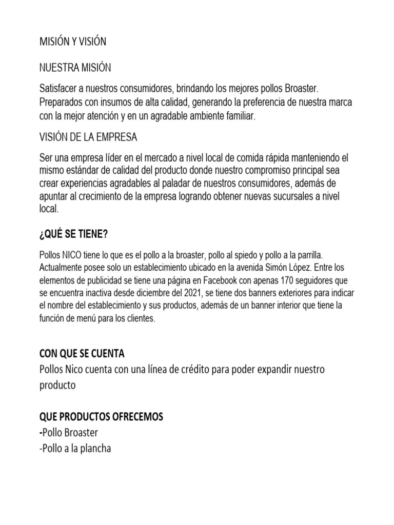 Misión y Visión de Pollos Nico | PDF | Business | Calidad (comercial)