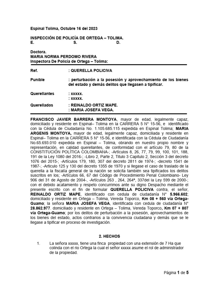 Querella Policiva Perturbación A La Posesión en Colombia | PDF | Queja ...