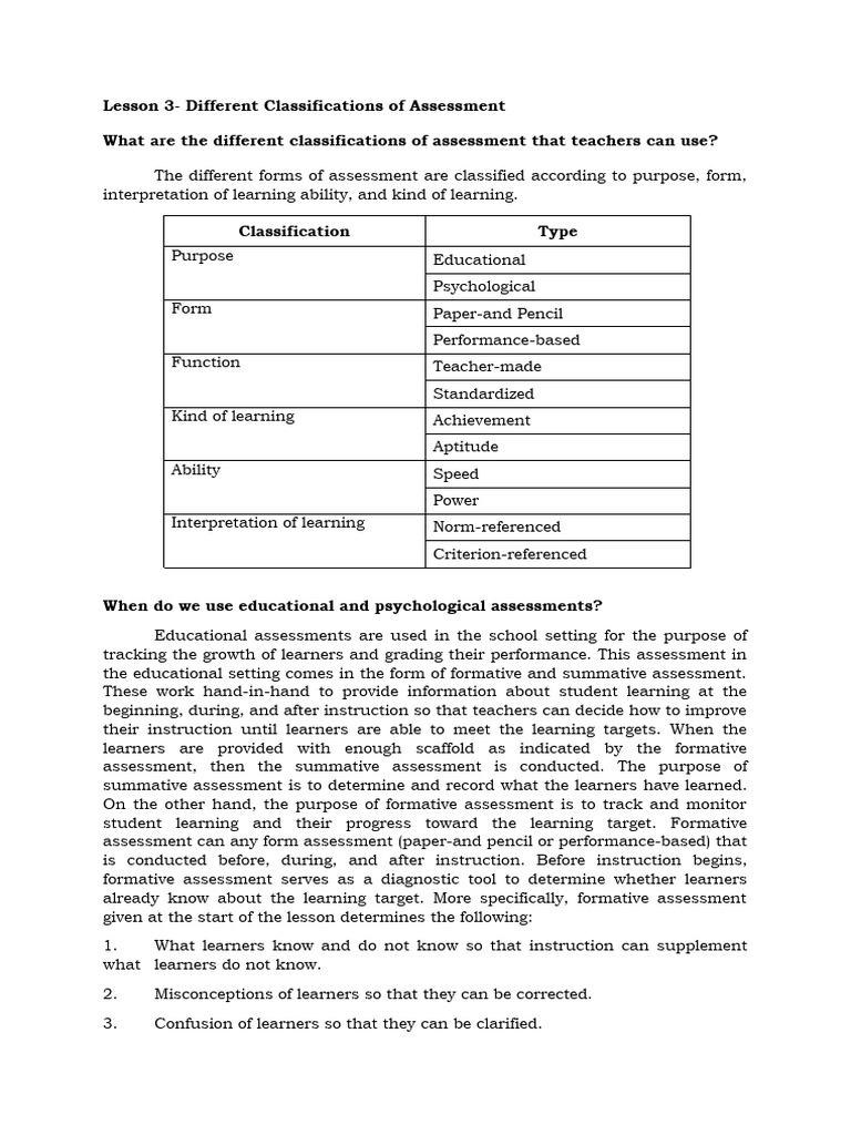 Lesson 3 Different Classifications of Assessment PEC 8 | PDF