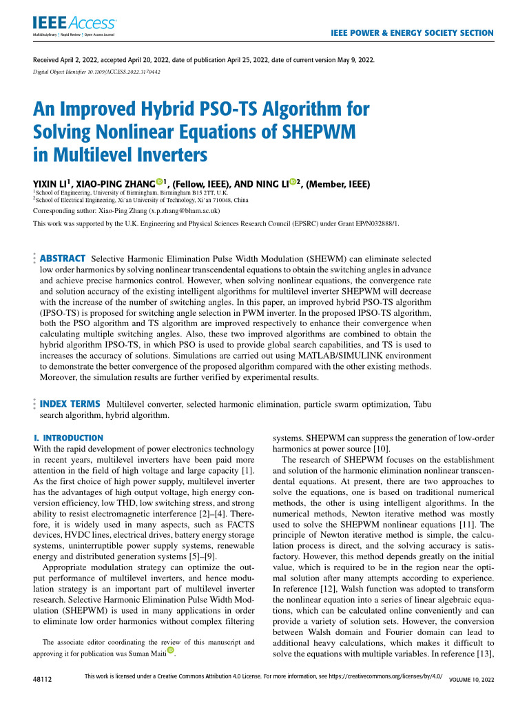 An Improved Hybrid Pso Ts Algorithm For Solving Nonlinear Equations Of Shepwm In Multilevel