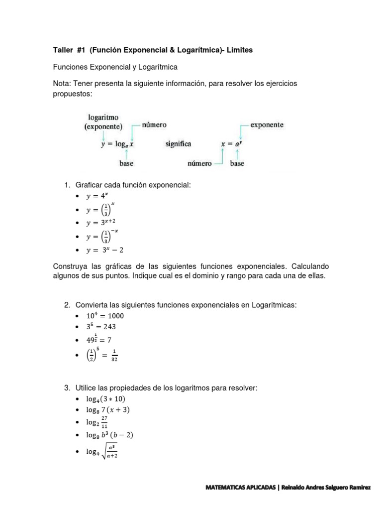 Taller 1 FUNCION EXPONENCIAL Y LOGARITMICA, LIMITE DE UNA FUNCION | PDF ...