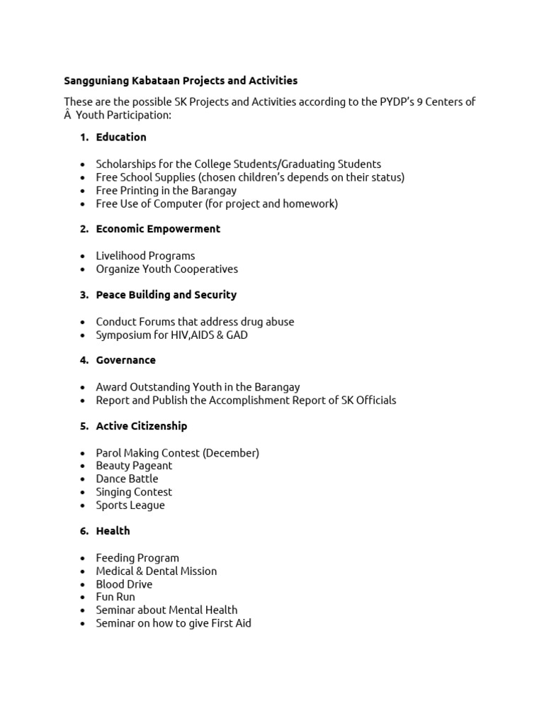 Sangguniang Kabataan Projects and Activities | PDF