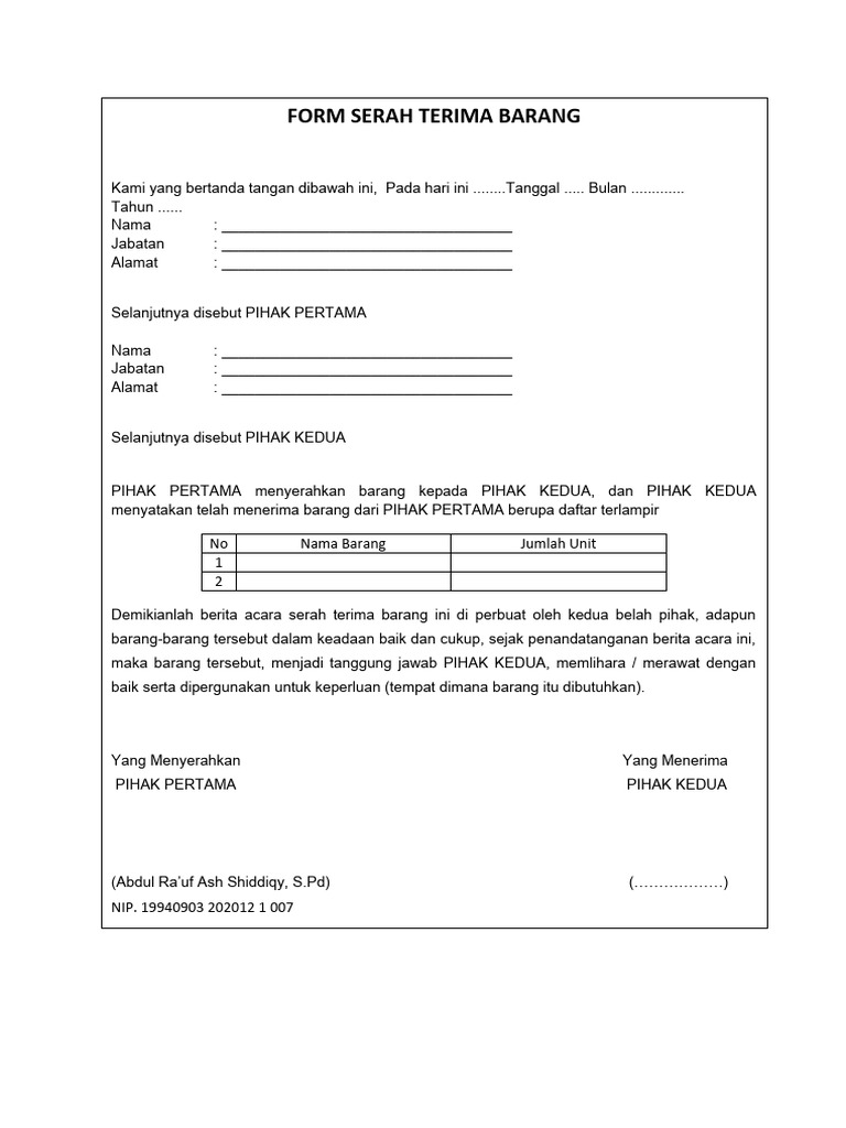 Form Serah Terima Barang Docx | PDF