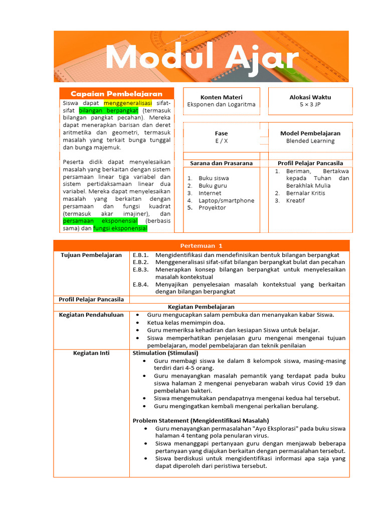 Modul Ajar Kelas X Eksponen Dan Logaritma | PDF
