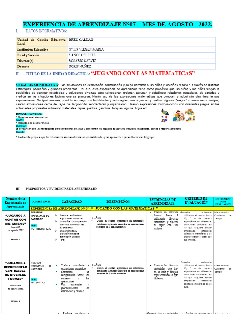 Experiencia de Aprendizaje N 7 Jugando Con Las Matematicas 3 Años | PDF | Evaluación | Aprendizaje