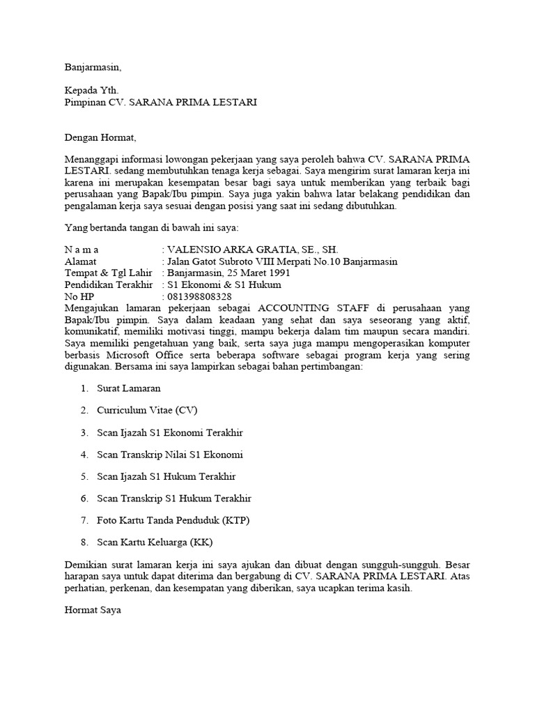 Lamaran Kerja Accounting CV Sarana Prima | PDF | Bisnis