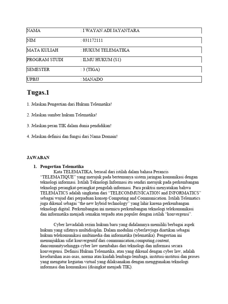 Tugas 1 Semester 3 Hukum Telematika | PDF