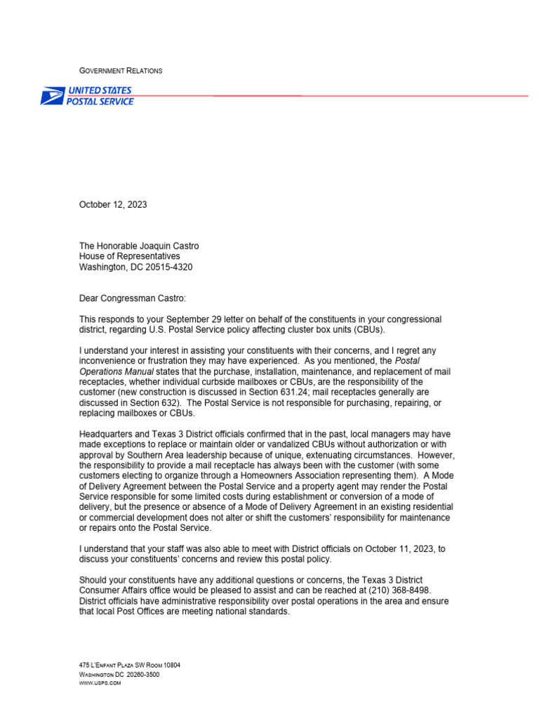 Rep. Castro's Letter To USPS | Download Free PDF | United States Postal ...