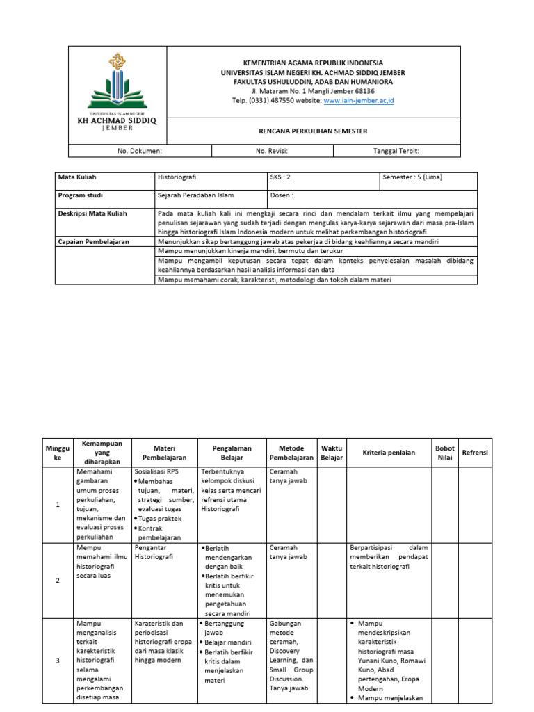 Rps Historiografi Islam Indonesia | PDF | Seni & Disiplin Bahasa | Sains & Matematika