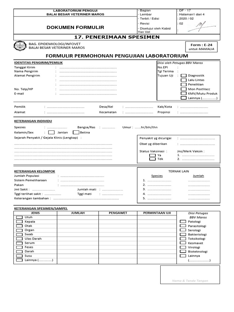 Form Pendaftaran Spesimen Pasif - Mamalia | PDF