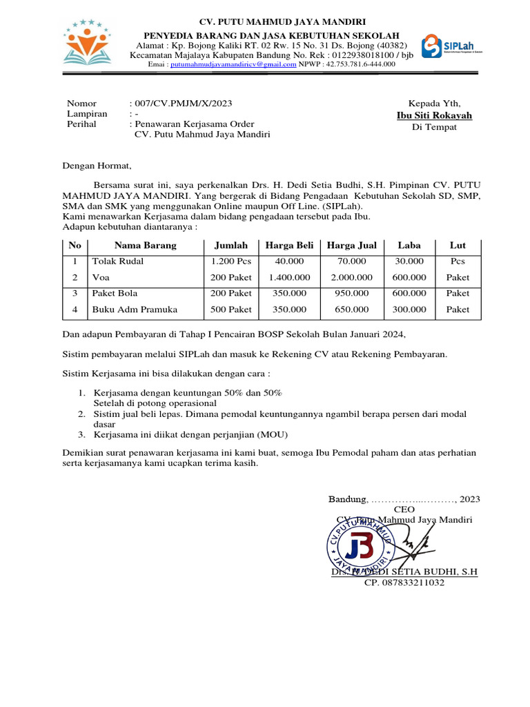 Surat Penawaran Kerjasama CV | PDF
