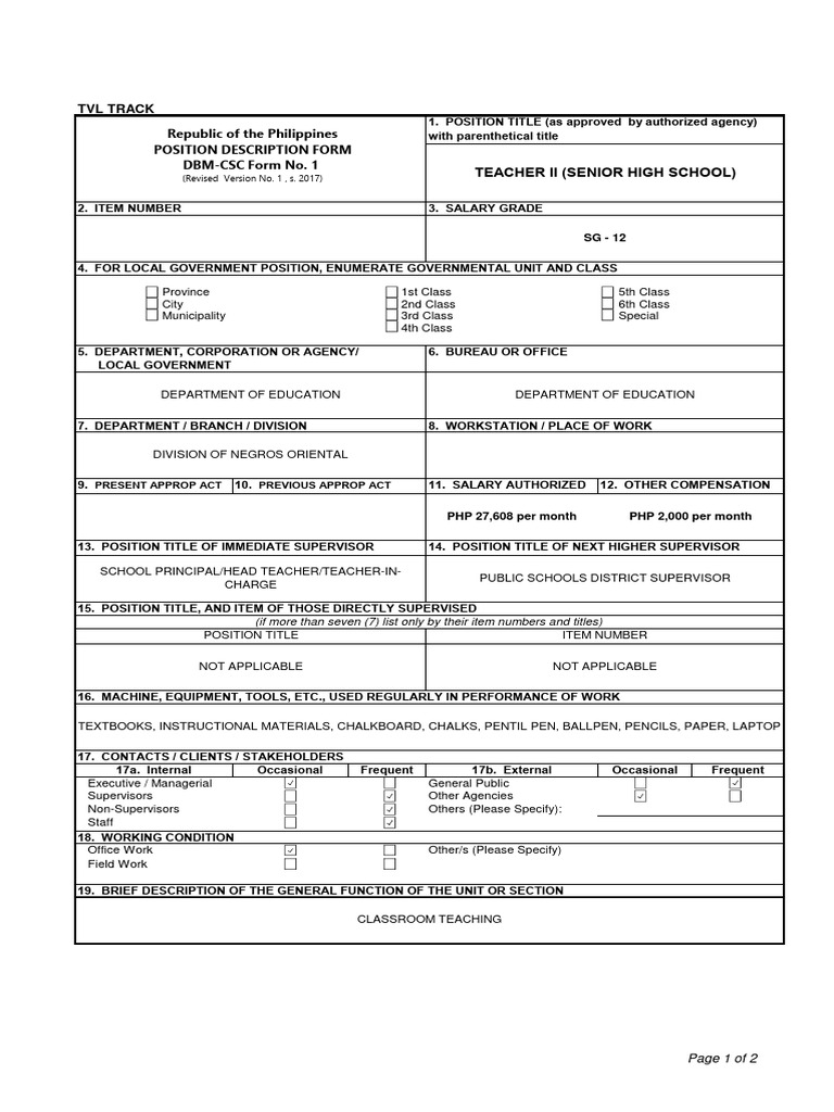 Teacher Ii Senior HS CS Form 1 TVL Track | PDF