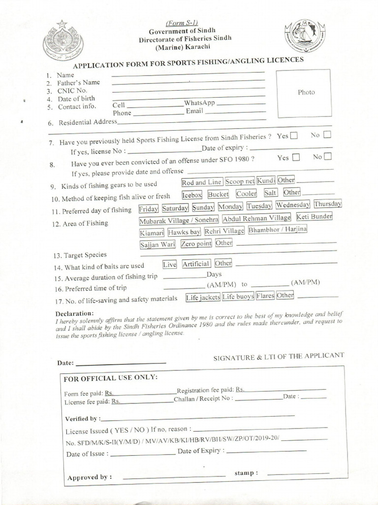 Application Form For Sports Fishing or Angling Licenses (L&F-Dir-06) | PDF