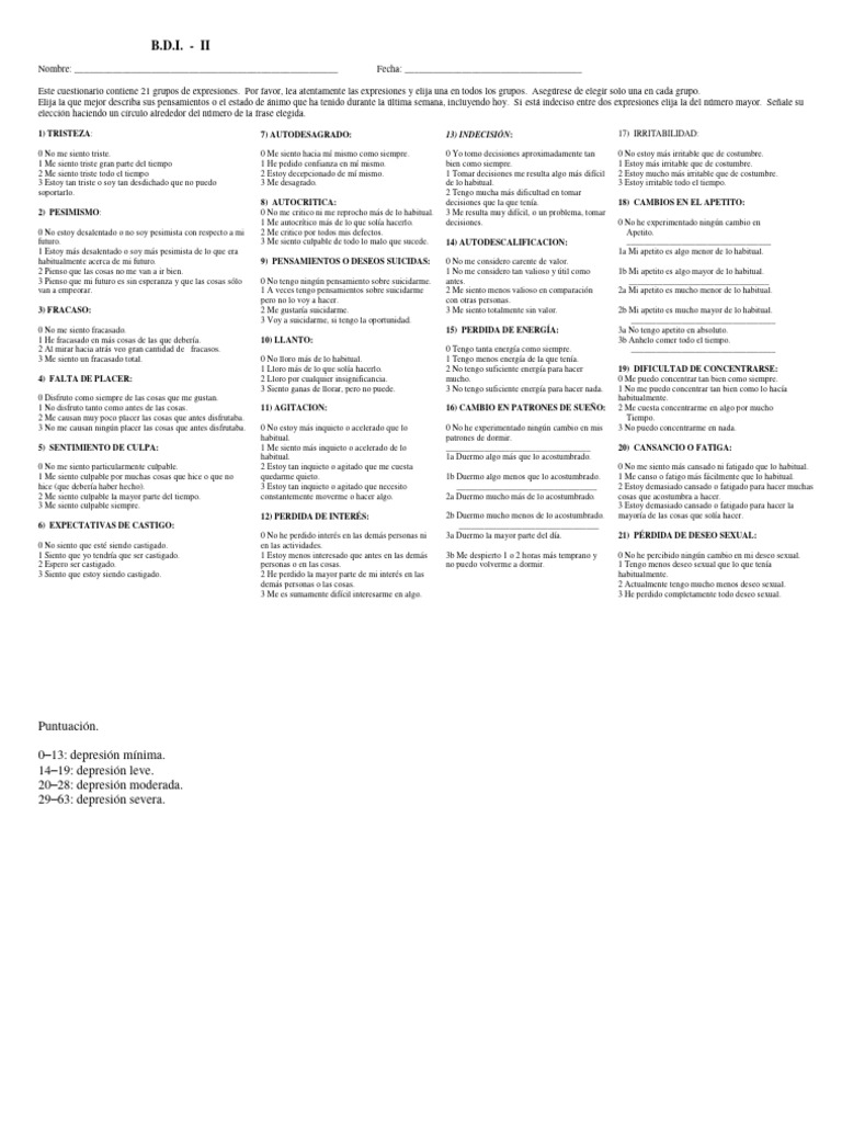 Cuestionario de Depresión BDI-II | PDF