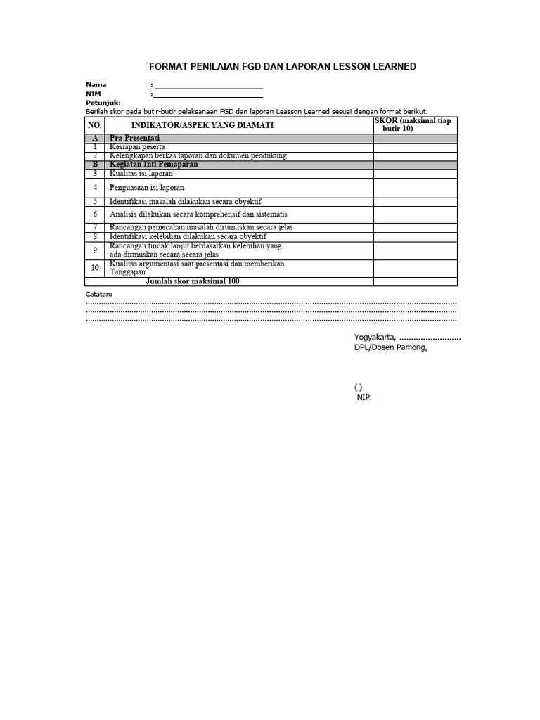 Format Penilaian FGD Dan Laporan Lesson Learned | PDF