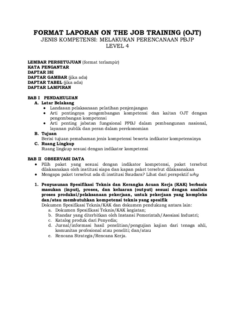 FORMAT LAPORAN OJT JF MADYA 2023 - JK 1 Perencanaan PBJP | PDF