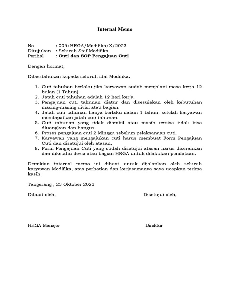 Internal Memo PP. Cuti 005-10-23 | PDF
