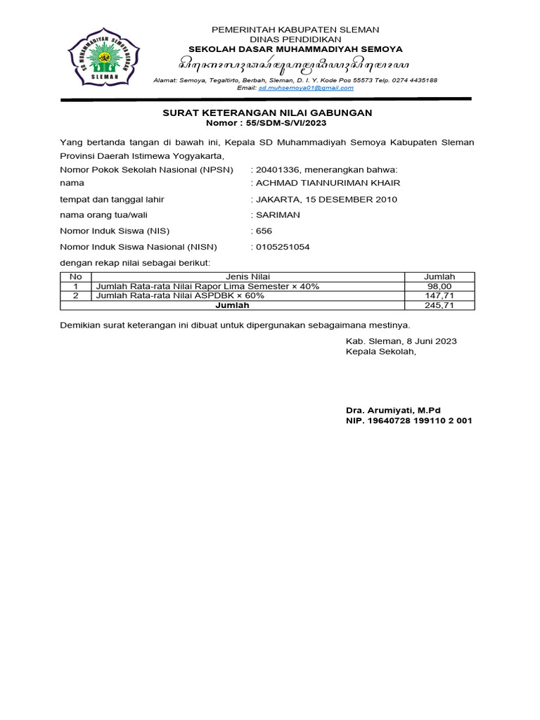 Surat Keterangan Nilai Gabungan 6a | PDF