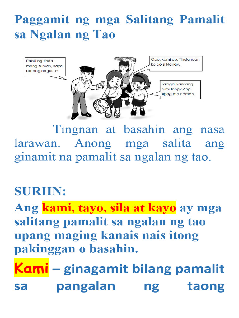 Paggamit NG Mga Salitang Pamalit Sa Ngalan NG Tao Tarpapel | PDF