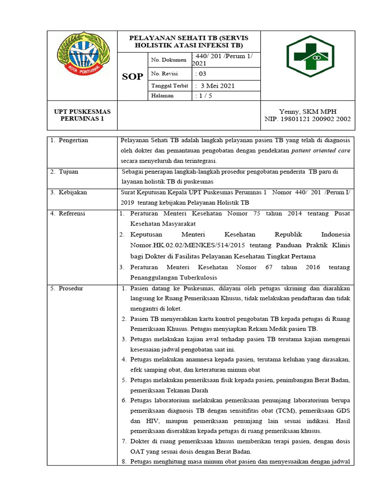 Sop Pelayanan Pasien TB Dalam Gedung-Sehati TB | PDF