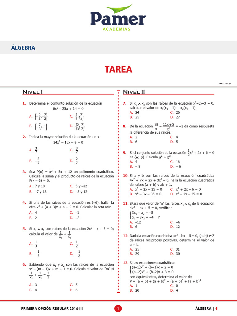 Tarea: Álgebra | PDF | Ecuaciones | Ecuación cuadrática