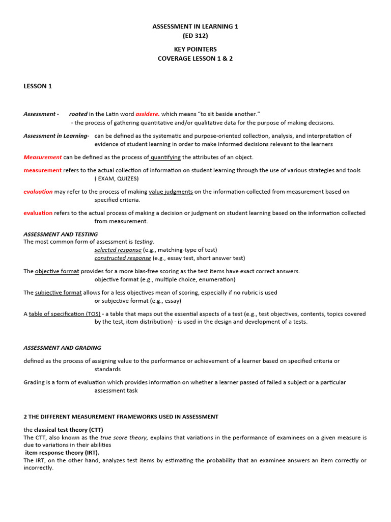 Assessment in Learning 1 Pointers | PDF