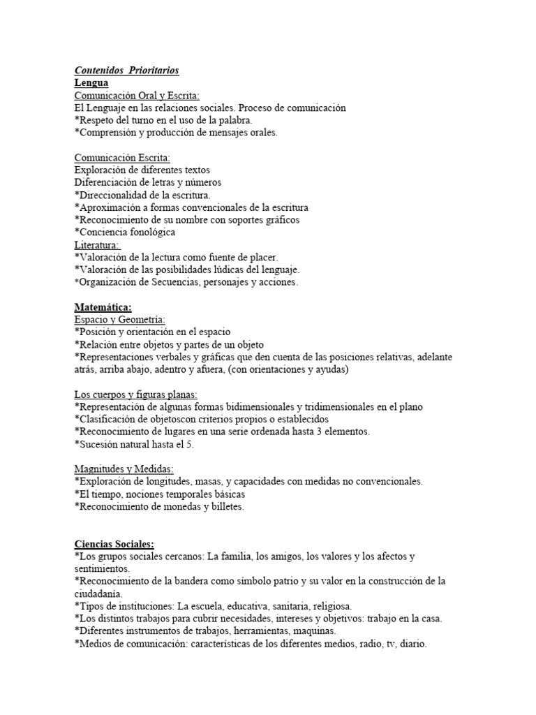 Contenidos Prioritarios de Nivel Inicial | PDF Contenidos Prioritarios de Nivel Inicial | PDF