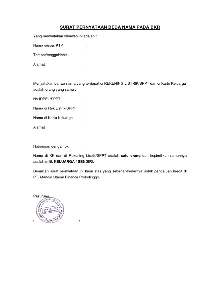 Surat Pernyataan Beda Nama Pada BKR-1 | PDF