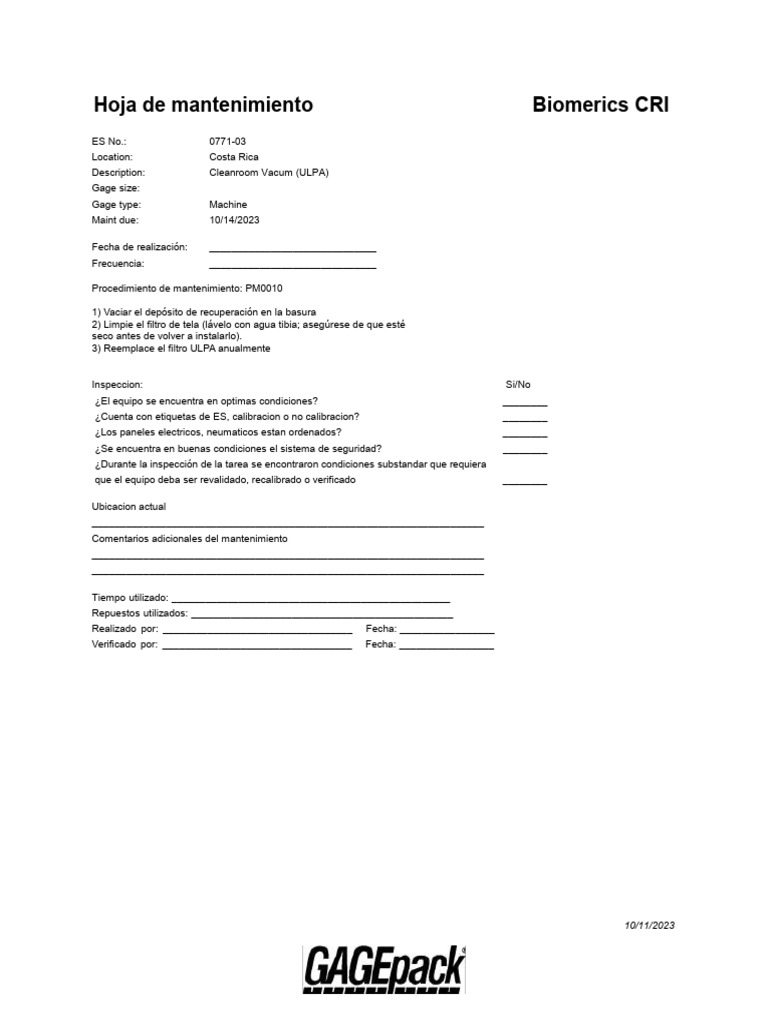 Hoja de Mantenimiento Biomerics CRI | PDF | Negocios | Informática