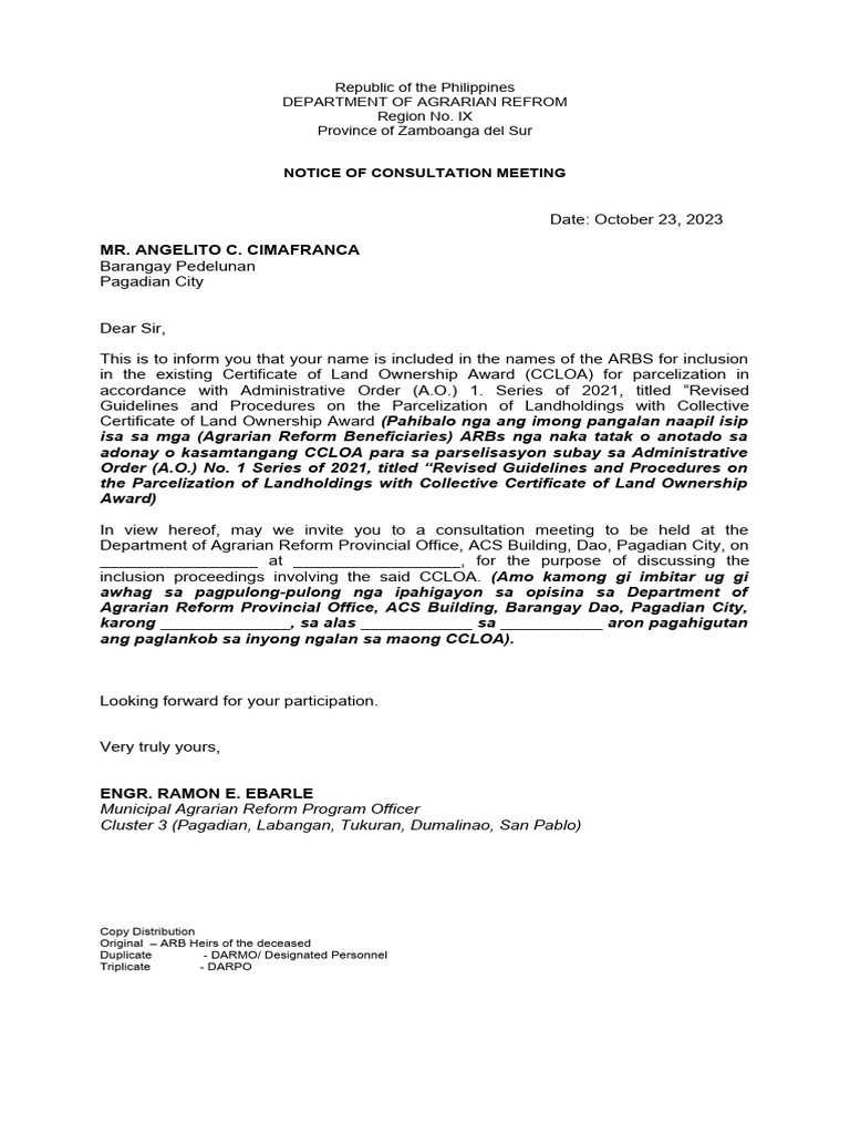 Notice of Consultation Meeting SAMPLE DRAFT | PDF