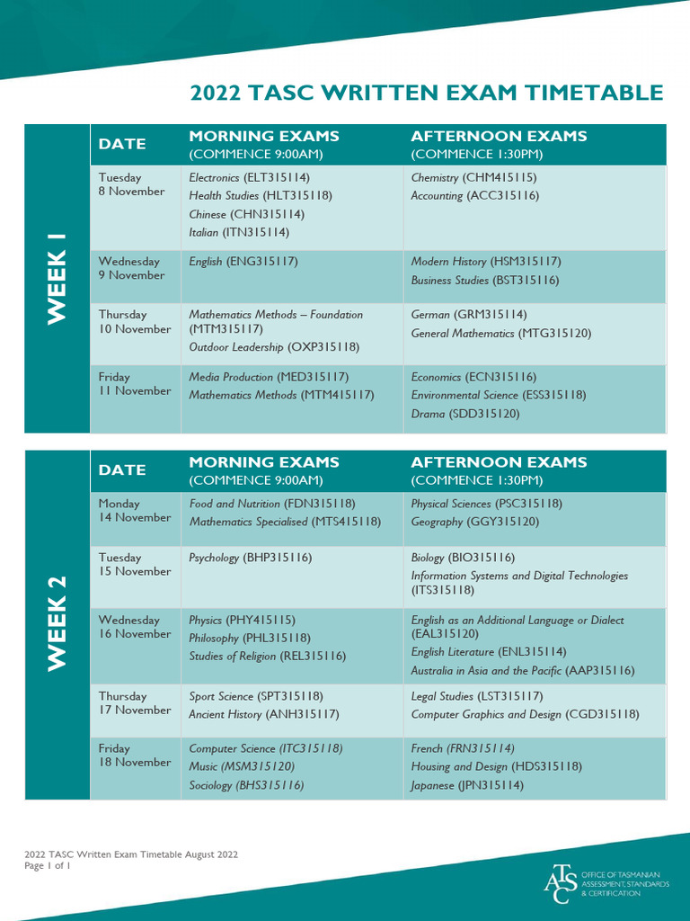 2022 TASC Written Exam Timetable | PDF