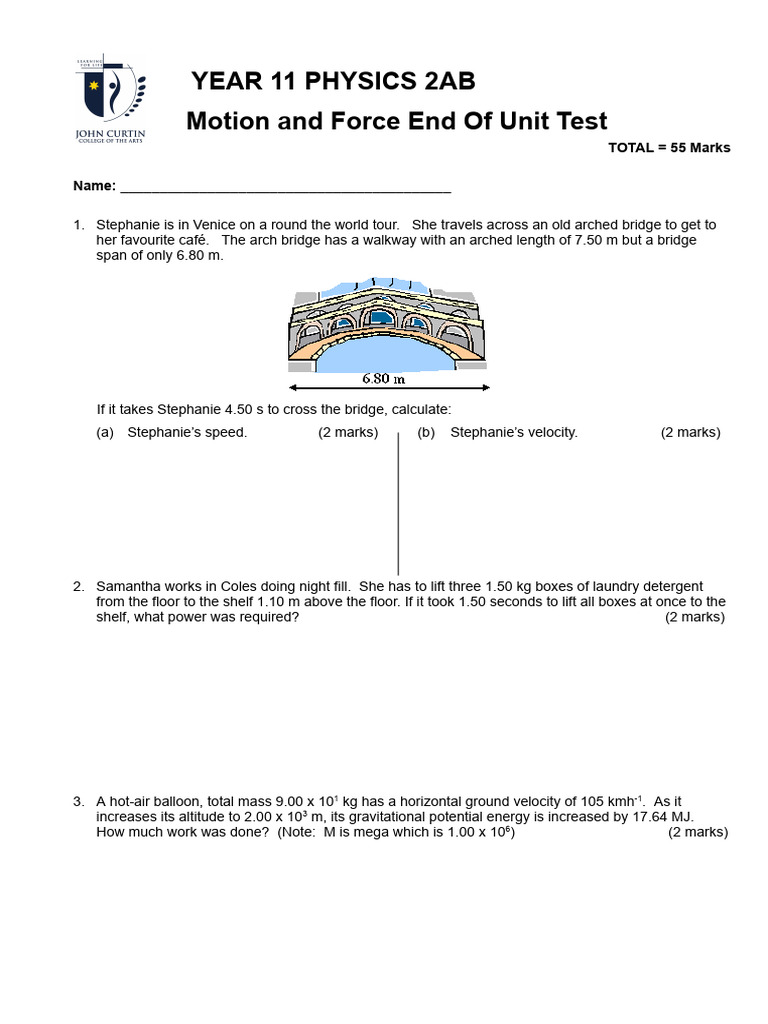 Year 11 Physics Motion & Force Test | PDF | Force | Mechanics