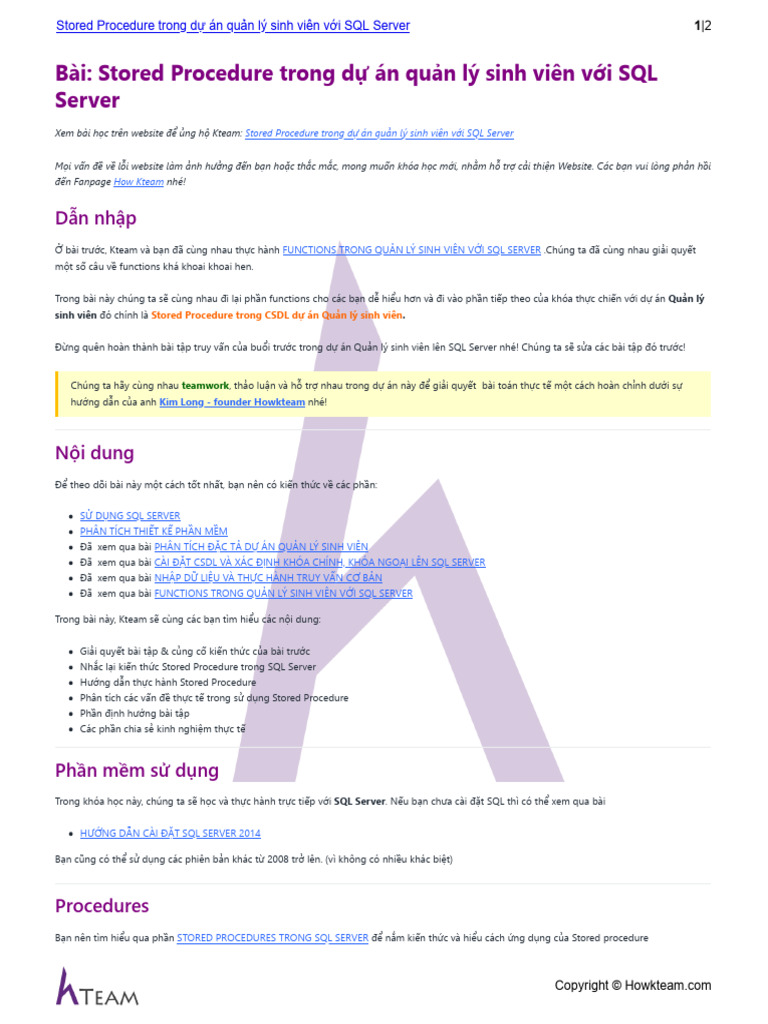 HOWKTEAM.VN - Stored Procedure trong dự án quản lý sinh viên với SQL Server | PDF