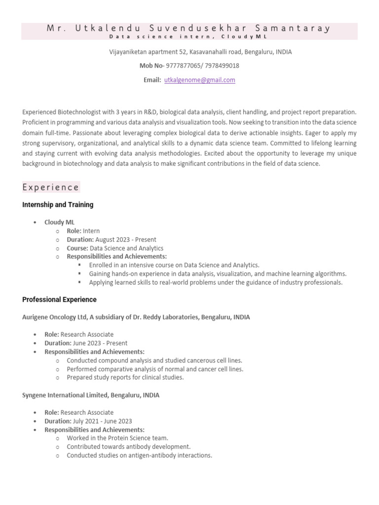 Data Science Intern Resume Overview | PDF | Computer Programming | Data ...