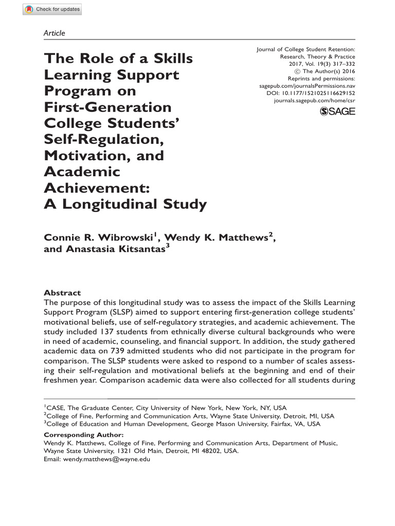 Wibrowski Et Al 2016 The Role of A Skills Learning Support Program On First Generation College ...