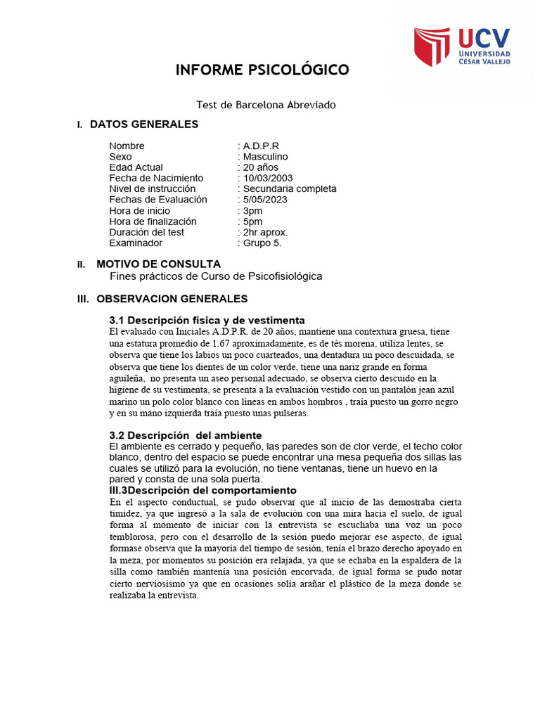 Estructura de Informe Psicológico - 2023 01 | PDF