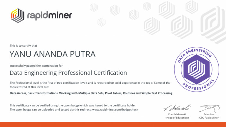Yanu Ananda Putra - Sertifikat Rapidminer | PDF