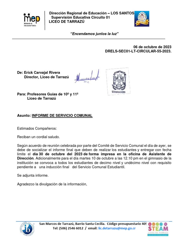 4057-Liceo de Tarrazú-Circular 55-Dirección Entrega de Informe Servicio Comunal | PDF