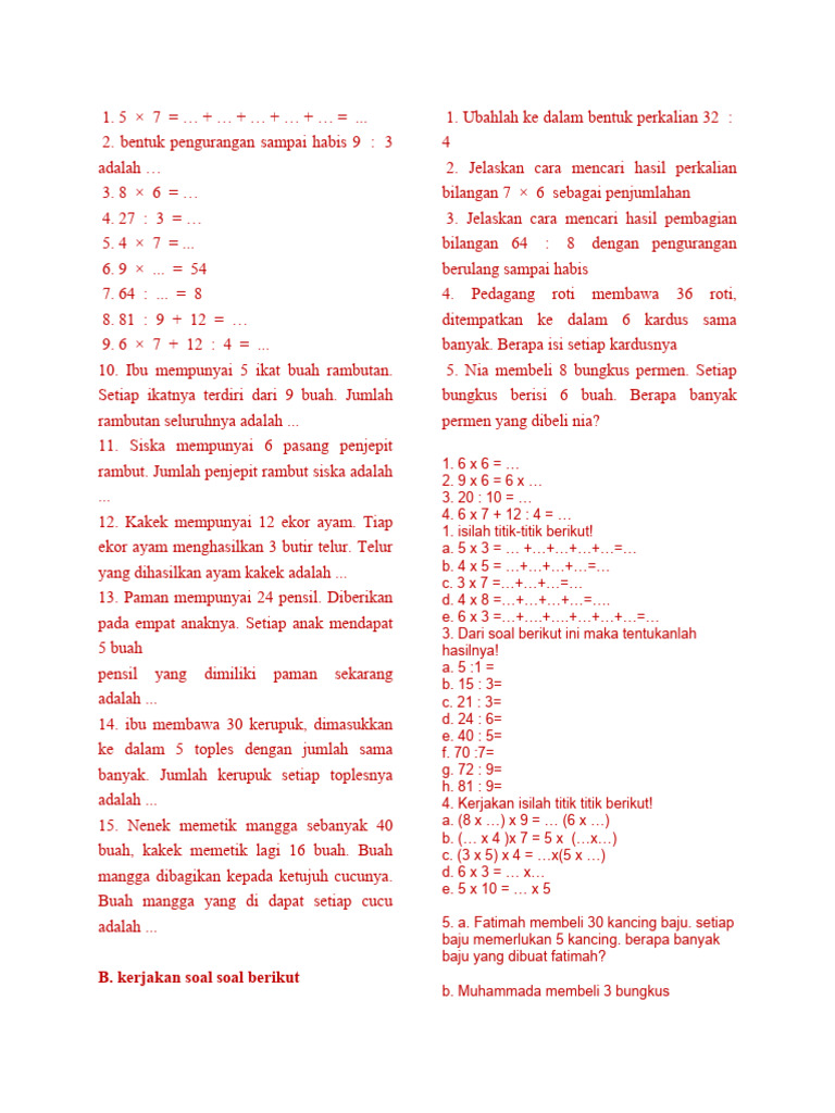 Soal Kelas 2 Tema 5 Dan Perkalian | PDF