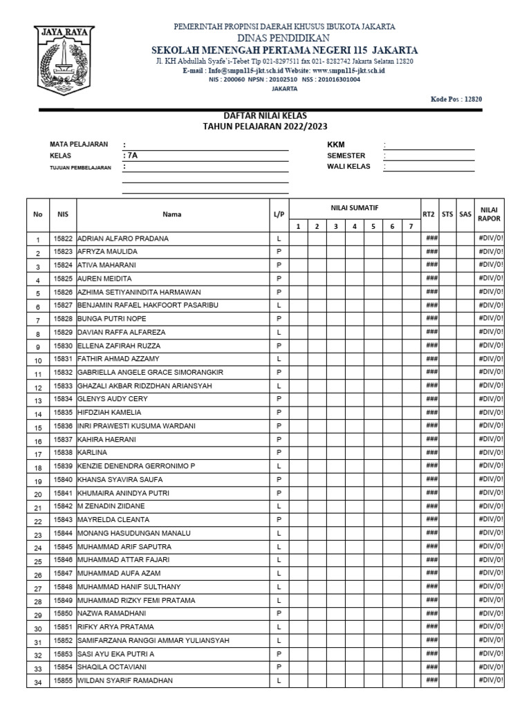 Format Daftar Nilai Kelas 7 Kurmer Pdf
