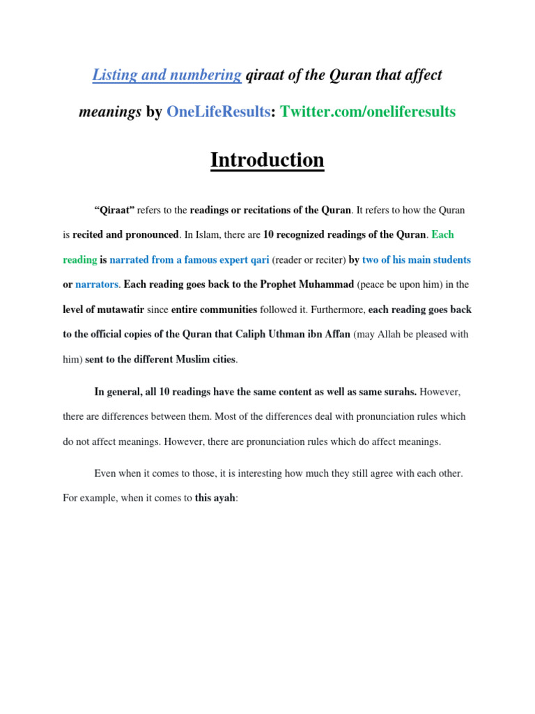 Overview of Quran Qiraat Variations | PDF