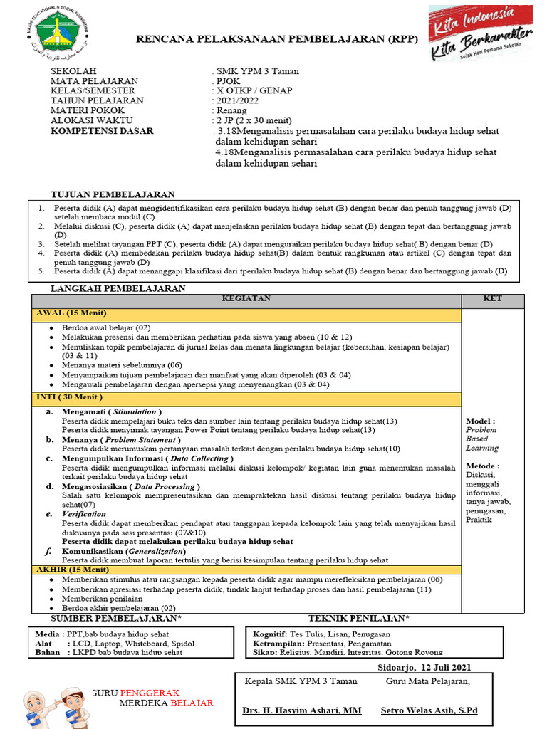 RPP Terbaru 2021-2022 Pjok KD Budaya Hidup Sehat | PDF | Karier ...
