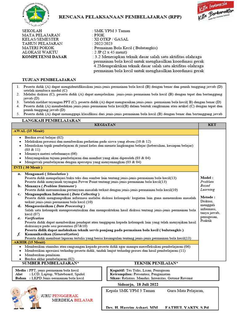 RPP Terbaru 2021-2022 Pjok KD Bulutangkis | PDF