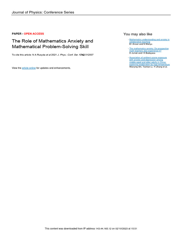 Rusyda 2021 J. Phys. Conf. Ser. 1742 012007 | PDF | Mathematics | Anxiety