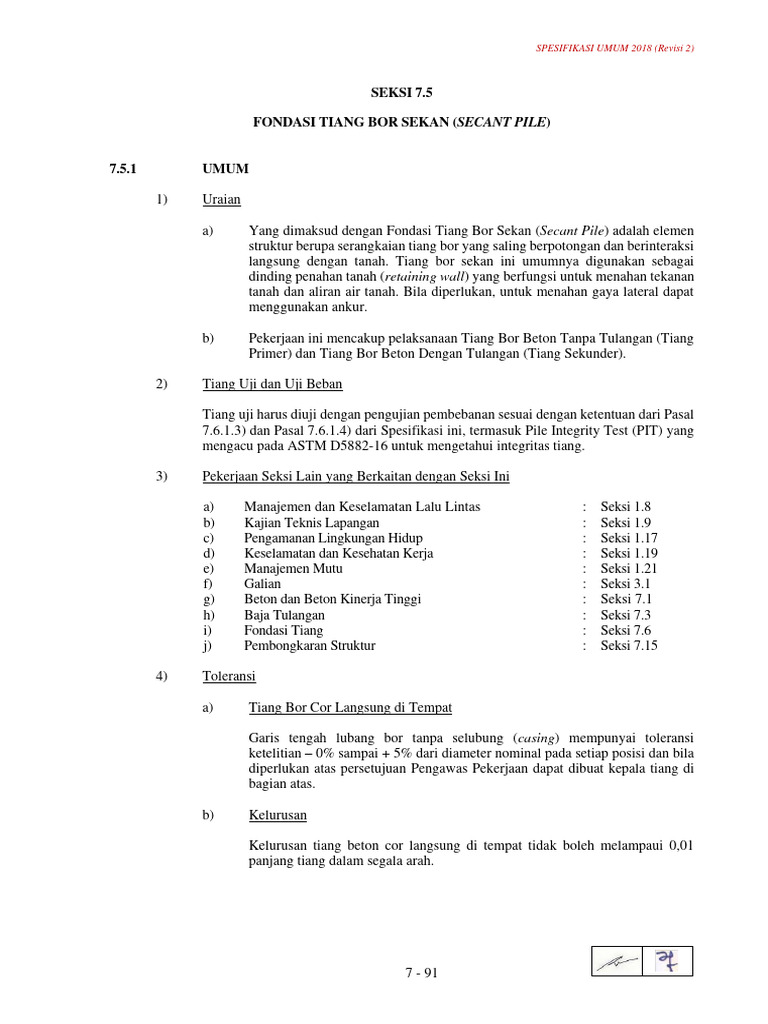 Spesifikasi Umum 2018 Revisi 2 Divisi 7.5 Tentang Fondasi Tiang Bor Sekan (Secant Pile) | PDF