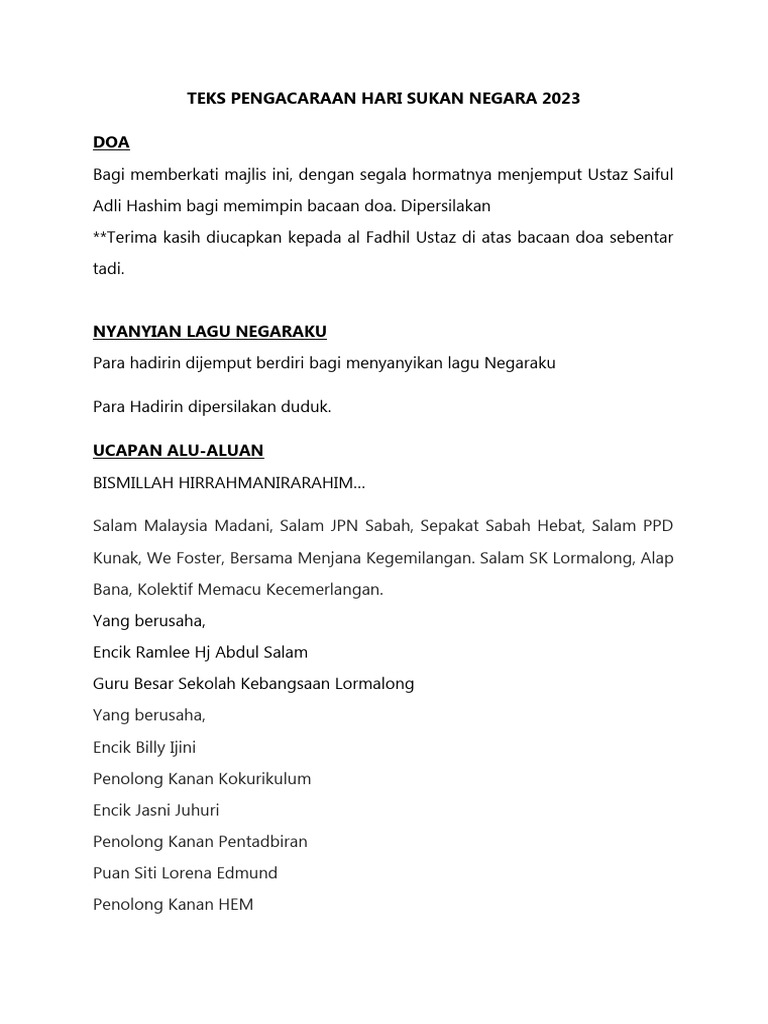 Teks Mc Hari Sukan Negara 2023 Pdf
