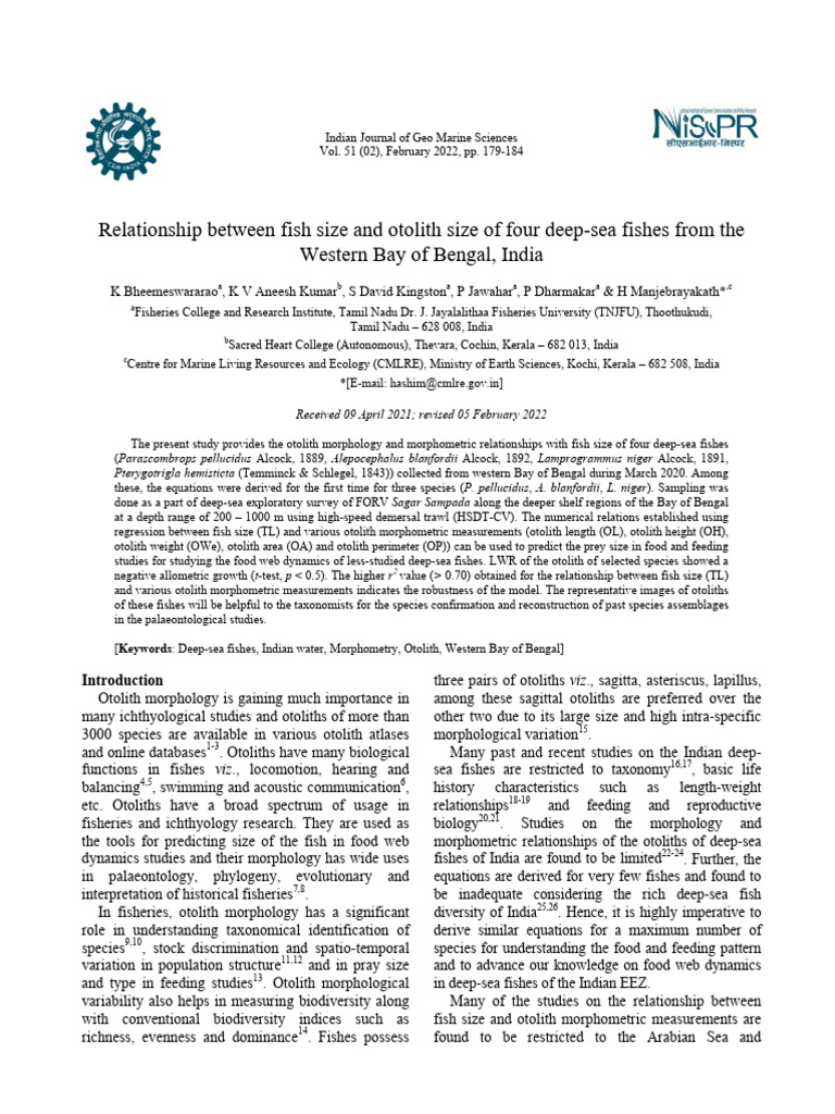 2022 - Bheem Et Al - Relationship Between Fish Size and Otolith Size of ... 2022 - Bheem Et Al - Relationship Between Fish Size and Otolith Size of ...