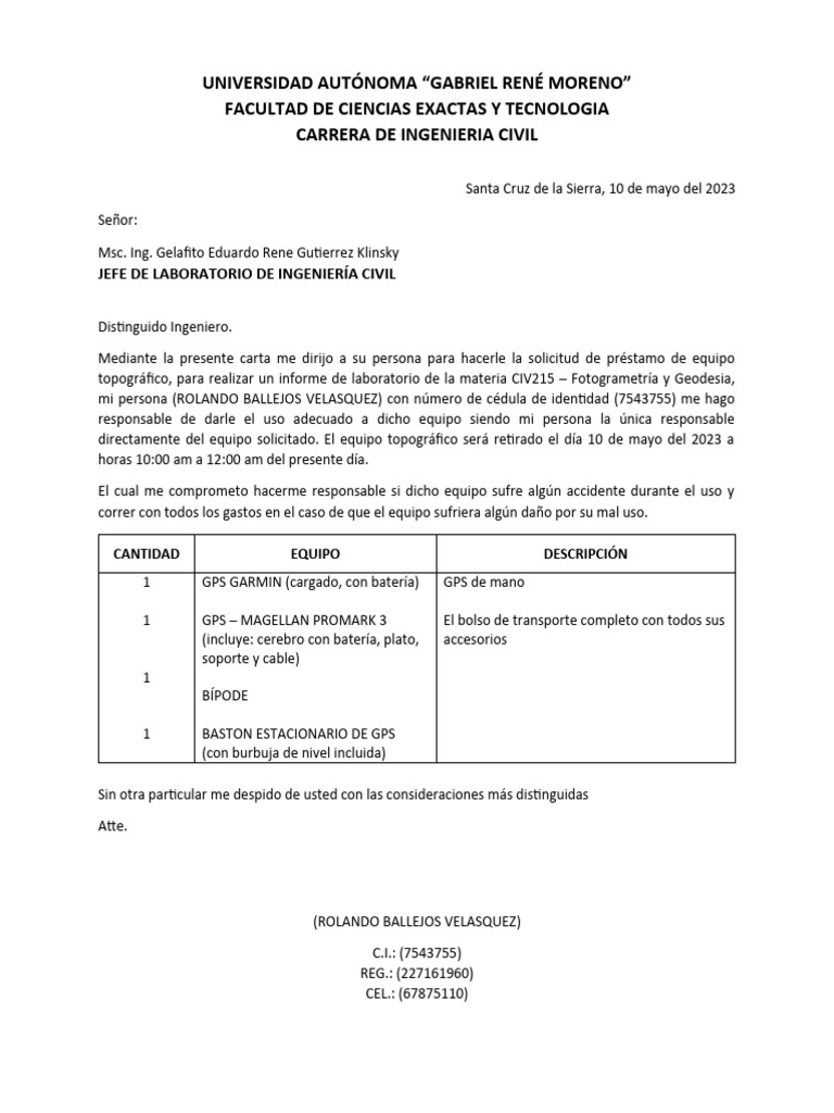 Carta de Solicitud de Equipos | PDF